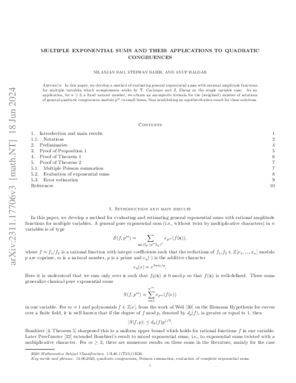 (PDF) Multiple exponential sums and their applications to quadratic congruences