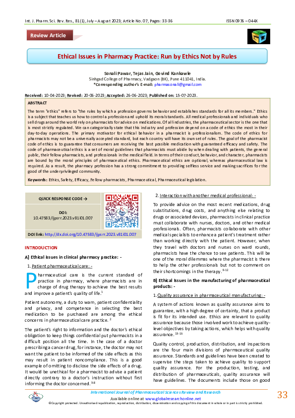 (PDF) Ethical Issues in Pharmacy Practice: Run by Ethics Not by Rules