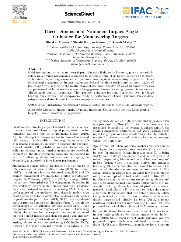 (PDF) Three-Dimensional Nonlinear Impact Angle Guidance for Maneuvering ...