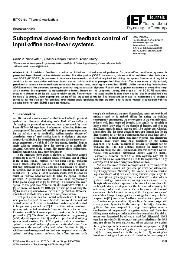 (PDF) Suboptimal closed‐form feedback control of input‐affine non‐linear systems | shashi ranjan ...