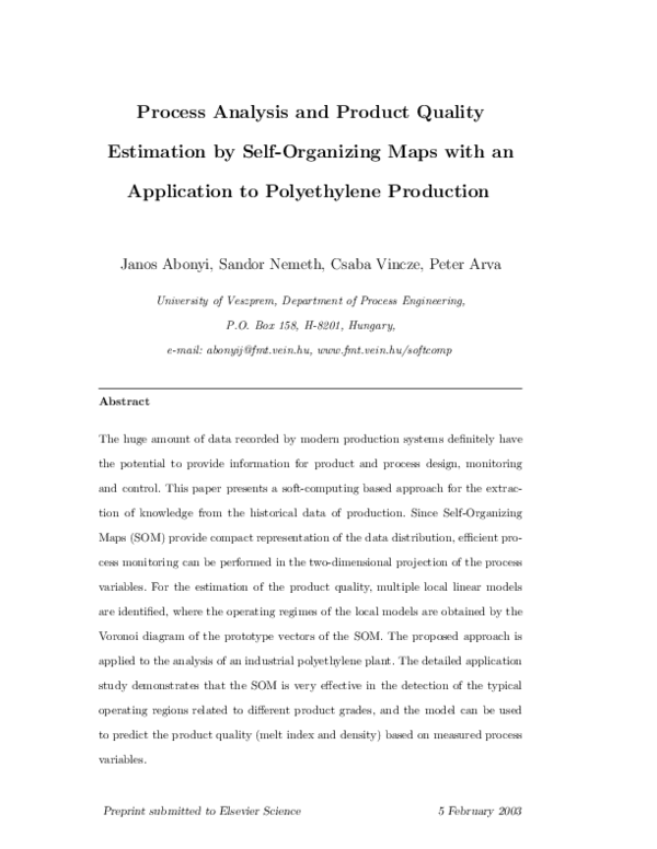 (PDF) Process analysis and product quality estimation by Self-Organizing Maps with an ...