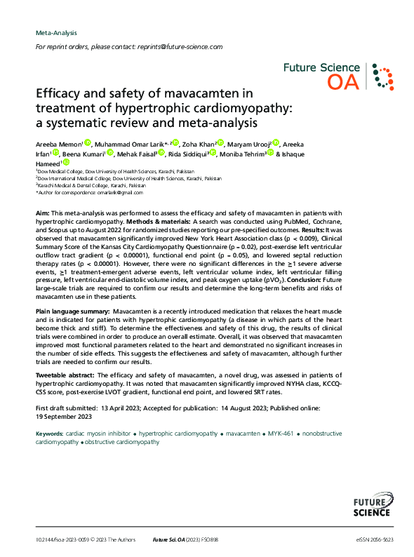 (PDF) Efficacy and safety of mavacamten in treatment of hypertrophic ...