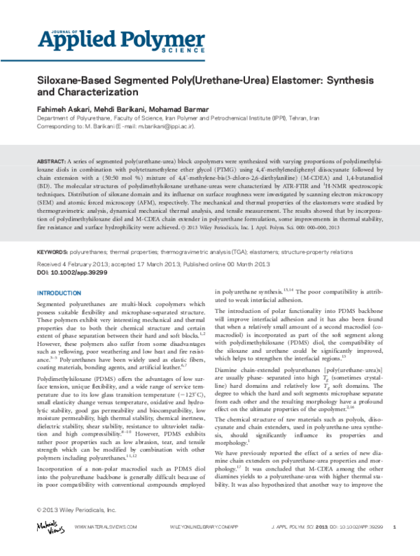 (PDF) Siloxane‐based segmented poly(urethane‐urea) elastomer: Synthesis ...