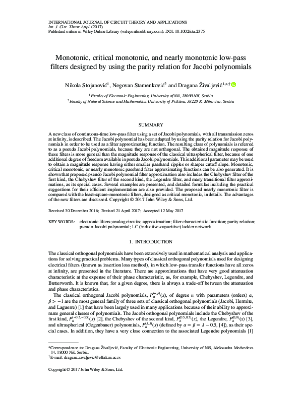(PDF) Monotonic, critical monotonic, and nearly monotonic low‐pass filters designed by using the ...