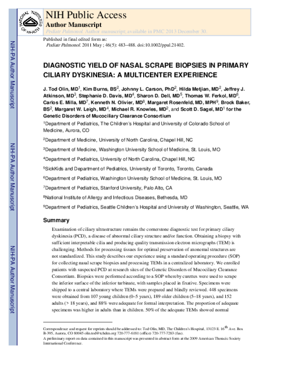 (PDF) Diagnostic yield of nasal scrape biopsies in primary ciliary ...