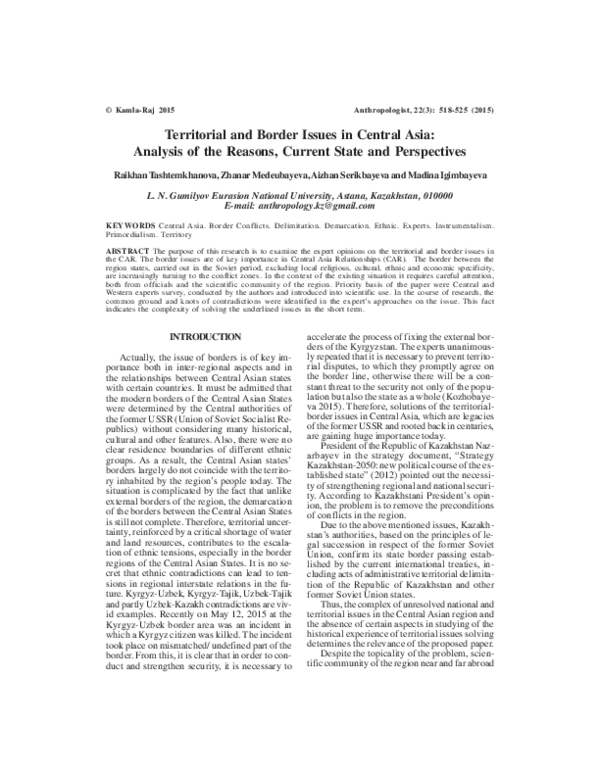(PDF) Territorial and Border Issues in Central Asia: Analysis of the ...