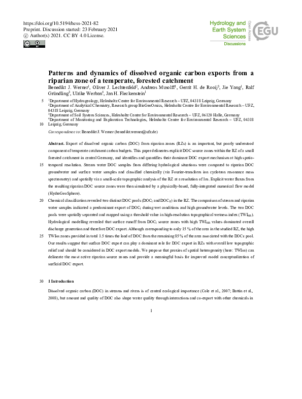 (PDF) Patterns and dynamics of dissolved organic carbon exports from a riparian zone of a ...