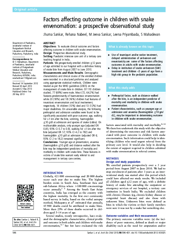 (PDF) Factors affecting outcome in children with snake envenomation: a ...