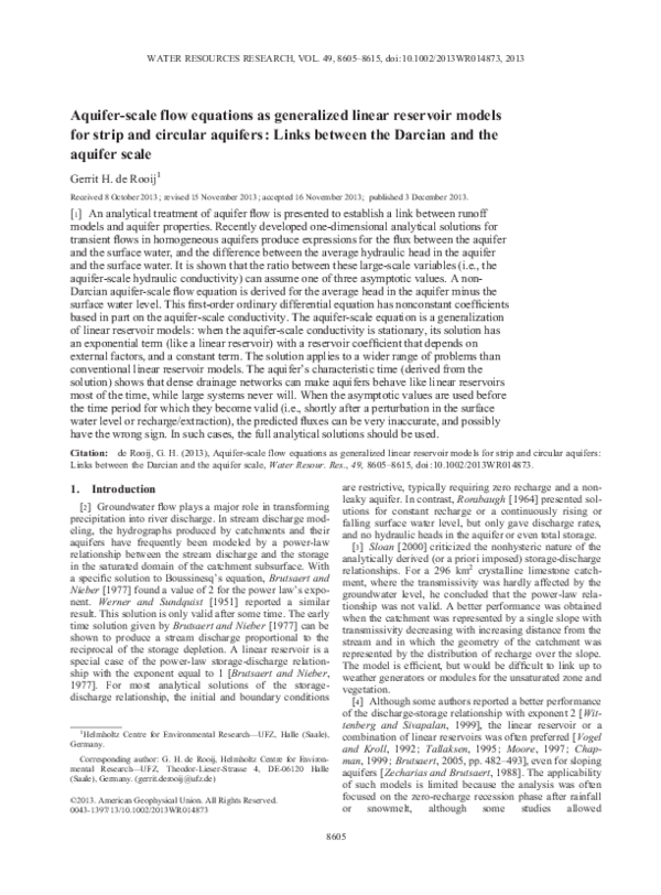 (PDF) Aquifer-scale flow equations as generalized linear reservoir ...