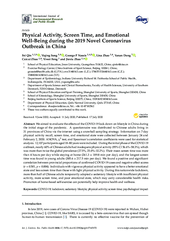 (PDF) Physical Activity, Screen Time, and Emotional Well-Being during the 2019 Novel Coronavirus ...
