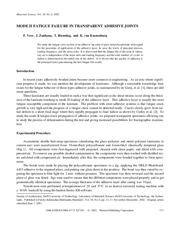 (PDF) Mode II Fatigue Failure in Transparent Adhesive Joints