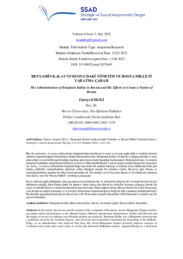 (PDF) Benyami̇n Kalay’In Bosna’Daki̇ Yöneti̇m Ve Bosna Mi̇lleti̇ ...