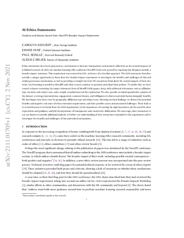 (PDF) AI Ethics Statements -- Analysis and lessons learnt from NeurIPS ...