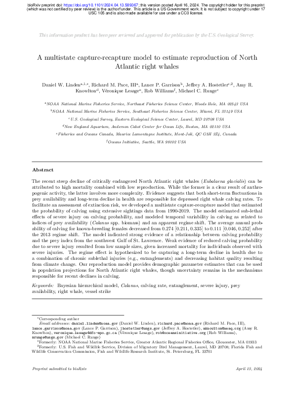 Pdf A Multistate Capture Recapture Model To Estimate Reproduction Of North Atlantic Right