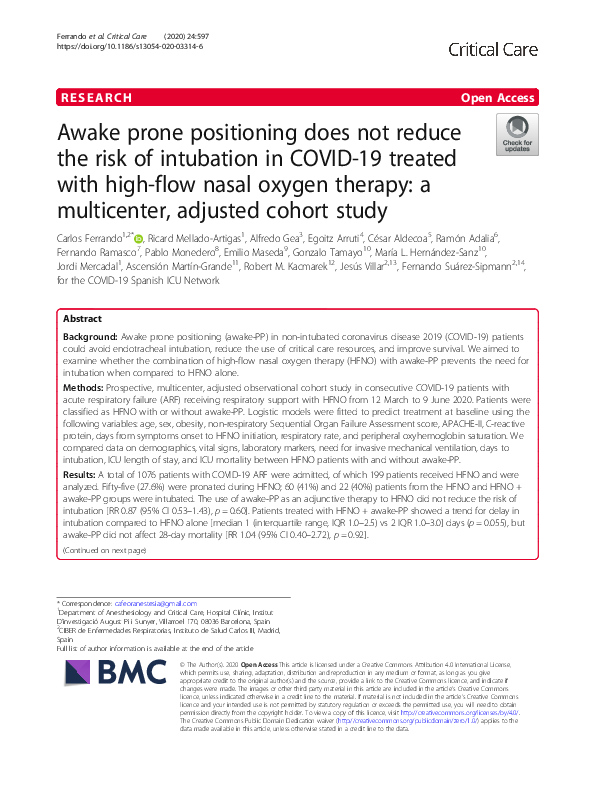 (PDF) Awake Prone Positioning and COVID-19 Intubation Risk