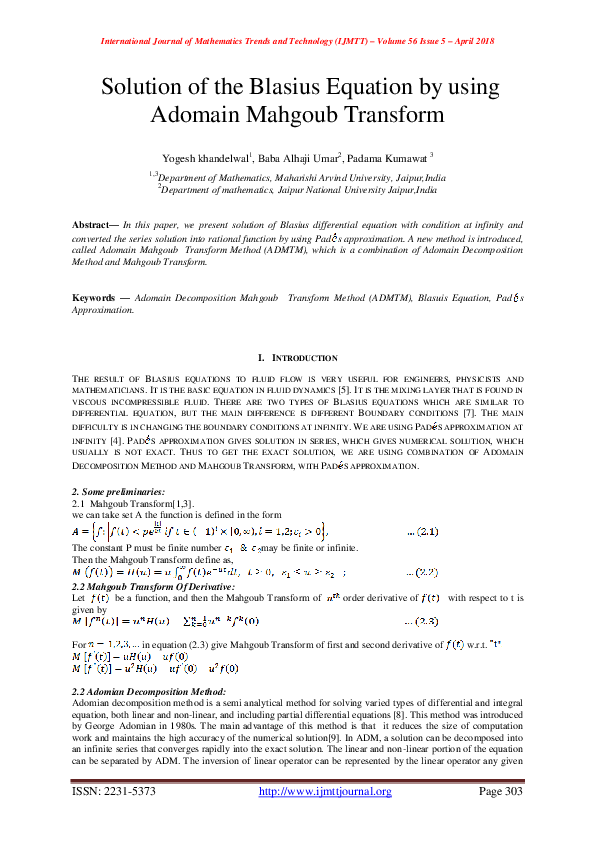 (PDF) Solution of the Blasius Equation by using Adomain Mahgoub Transform