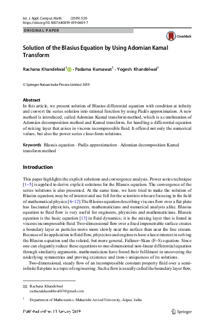 Pdf Solution Of The Blasius Equation By Using Adomian Kamal Transform