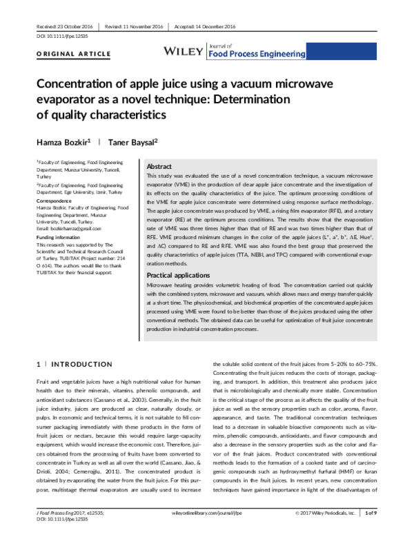 (PDF) Concentration of apple juice using a vacuum microwave evaporator ...