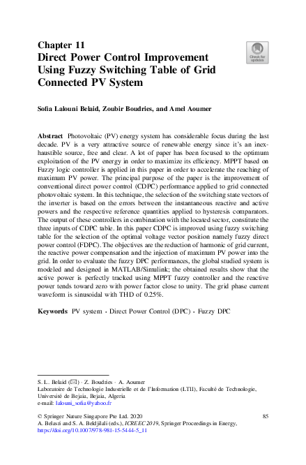 (PDF) Direct Power Control Improvement Using Fuzzy Switching Table of Grid Connected PV System