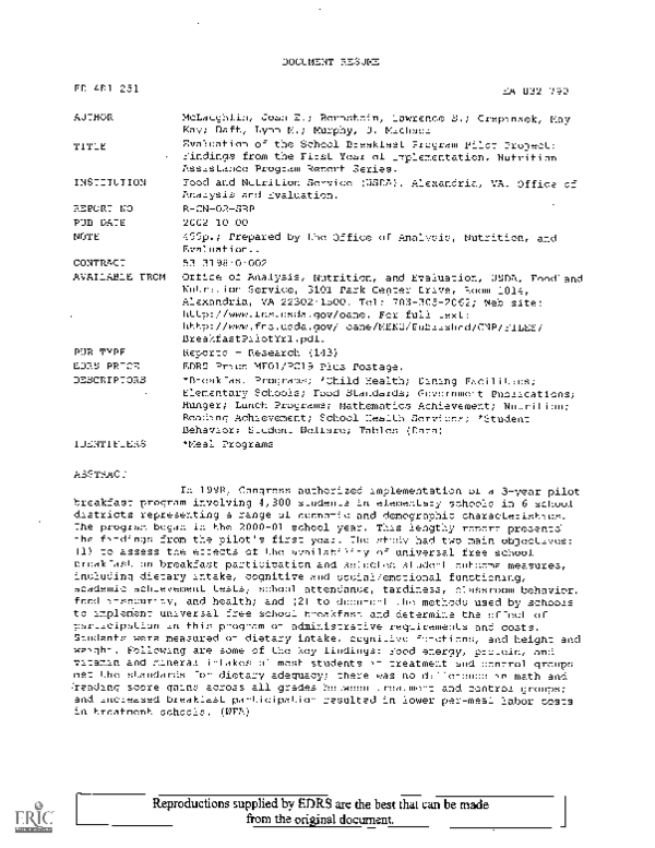 (PDF) Evaluation of the School Breakfast Program Pilot Project ...