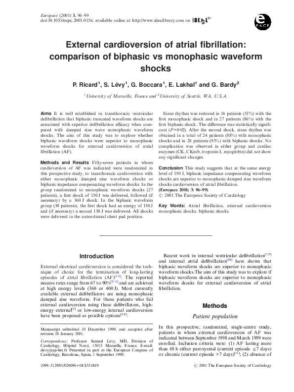 Pdf External Cardioversion Of Atrial Fibrillation Comparison Of Biphasic Vs Monophasic