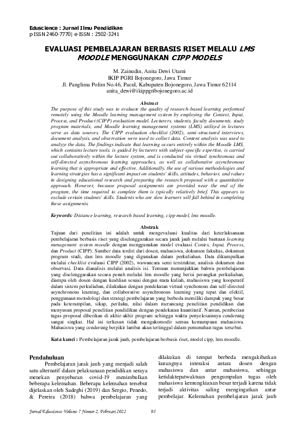 (PDF) Evaluasi Pembelajaran Berbasis Riset Melalu LMS Moodle Menggunakan Cipp Models