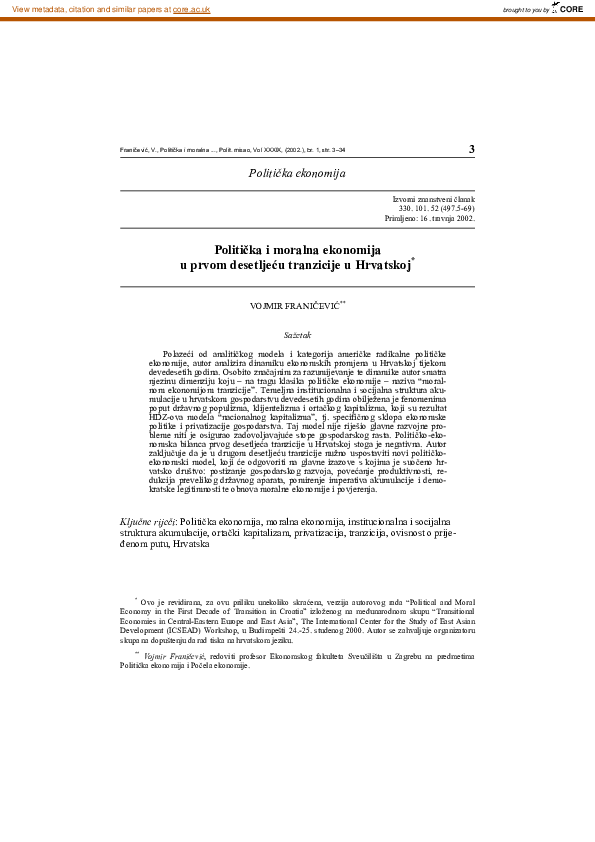 (PDF) Politička i moralna ekonomija u prvom desetljeću tranzicije u Hrvatskoj | vojmir ...