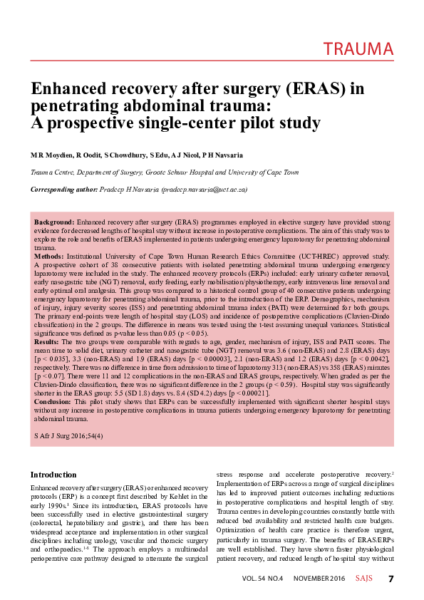 (PDF) Enhanced recovery after surgery (ERAS) in penetrating abdominal ...