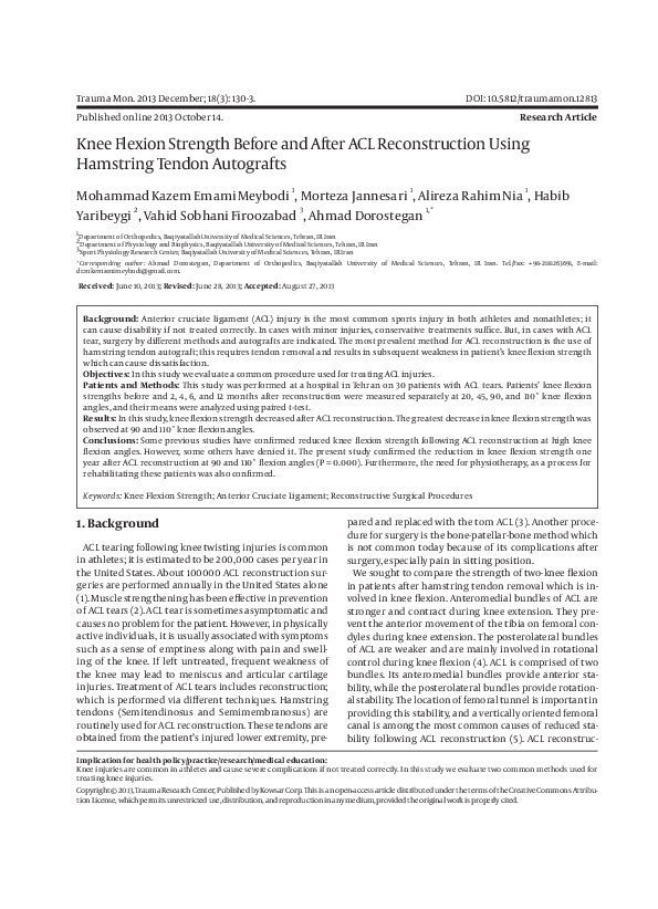 (PDF) Knee Flexion Strength Before and After ACL Reconstruction Using ...