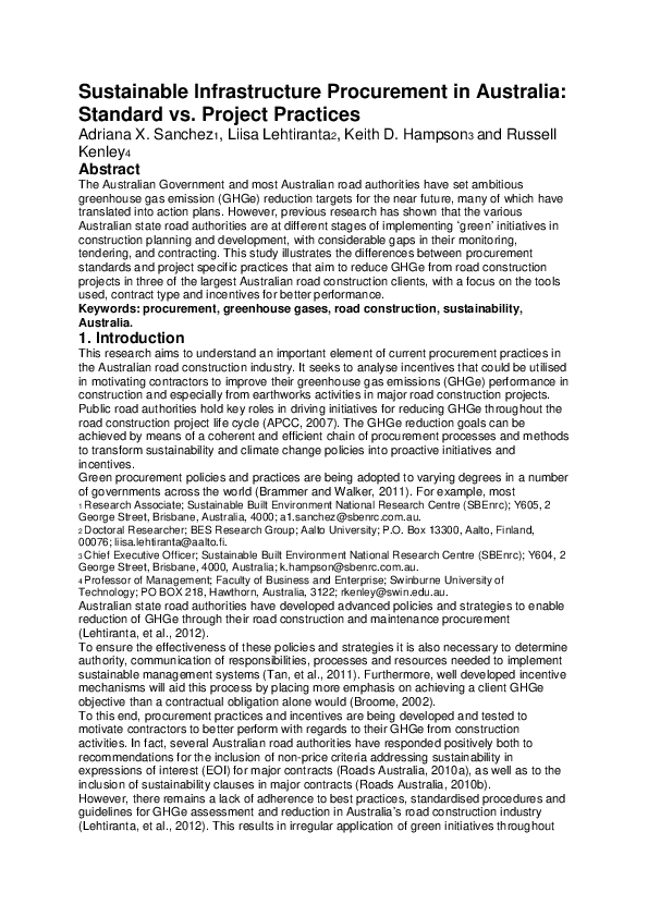 (PDF) Sustainable infrastructure procurement in Australia : standard vs ...