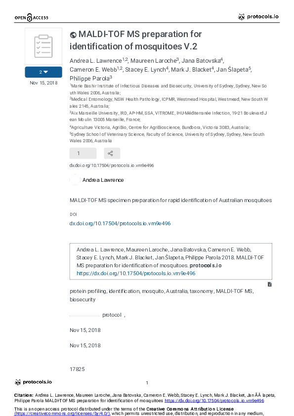 (PDF) MALDI-TOF MS preparation for identification of mosquitoes v2