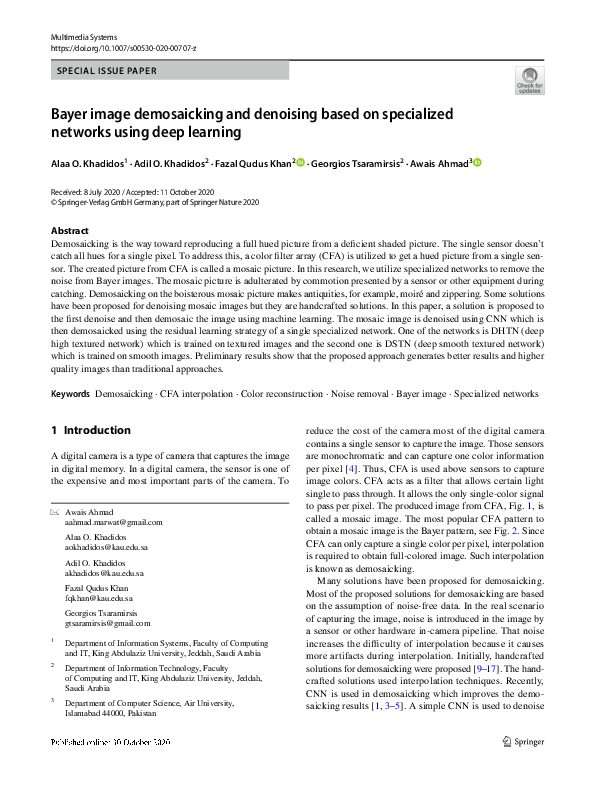 (PDF) Bayer image demosaicking and denoising based on specialized networks using deep learning