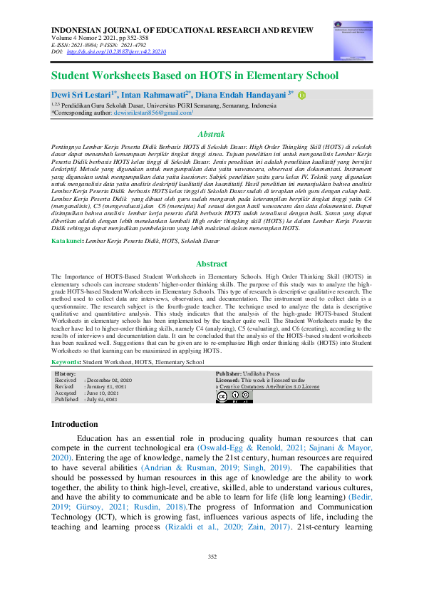 (PDF) Student Worksheets Based on HOTS in Elementary School
