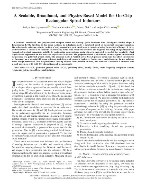 Pdf A Scalable Broadband And Physics Based Model For On Chip Rectangular Spiral Inductors