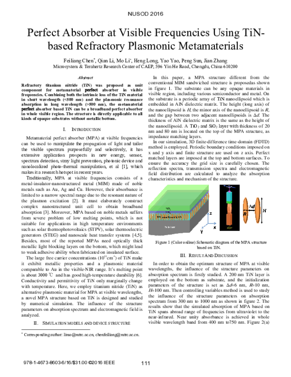 (PDF) Perfect absorber at visible frequencies using TiN-based refractory plasmonic metamaterials
