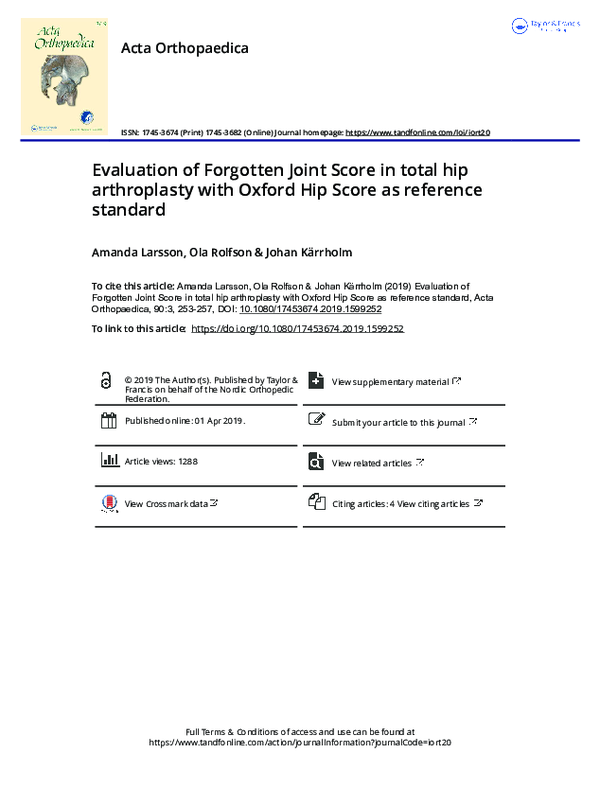 (PDF) Evaluation of Forgotten Joint Score in total hip arthroplasty with Oxford Hip Score as ...