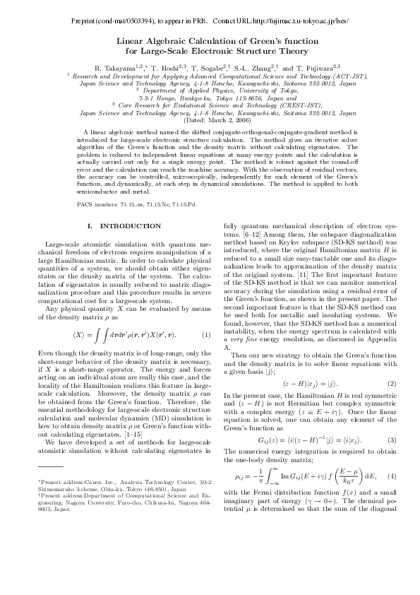 (PDF) Linear algebraic calculation of the Green’s function for large-scale electronic structure ...