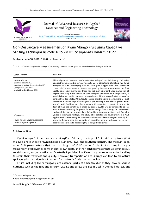 (PDF) Non-Destructive Measurement on Kwini Mango Fruit using Capacitive ...