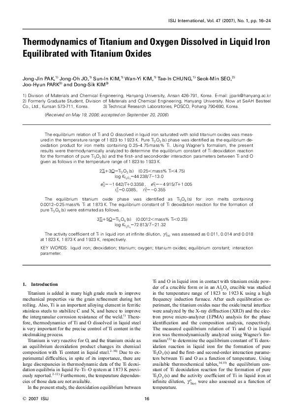 (PDF) Thermodynamics of Titanium and Oxygen Dissolved in Liquid Iron ...
