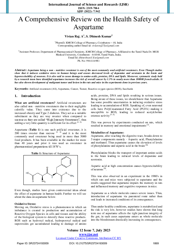 (PDF) A Comprehensive Review on the Health Safety of Aspartame