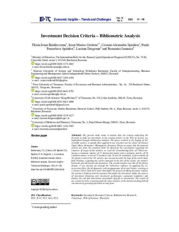 (PDF) Investment Decision Criteria – Bibliometric Analysis