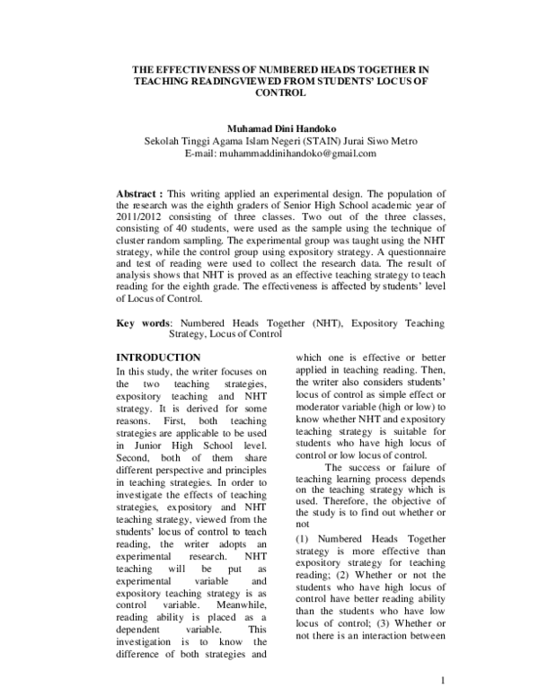 (PDF) The Effectiveness of Numbered Heads Together in Teaching Readingviewed from Students ...