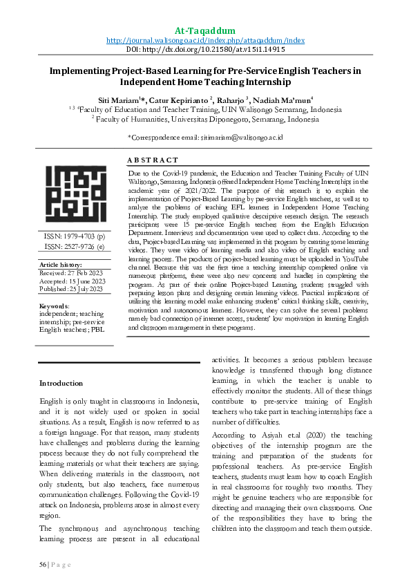 (PDF) Implementing Project-Based Learning for Pre-Service English Teachers in Independent Home ...