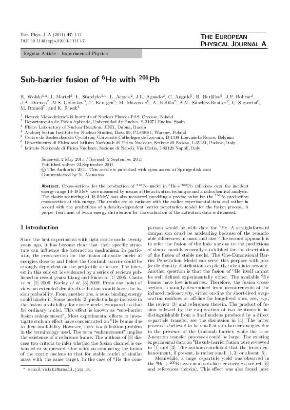 (PDF) Sub-barrier fusion of 6He with 206Pb