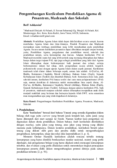 (PDF) Pengembangan Kurikulum Pendidikan Agama di Pesantren, Madrasah dan Sekolah