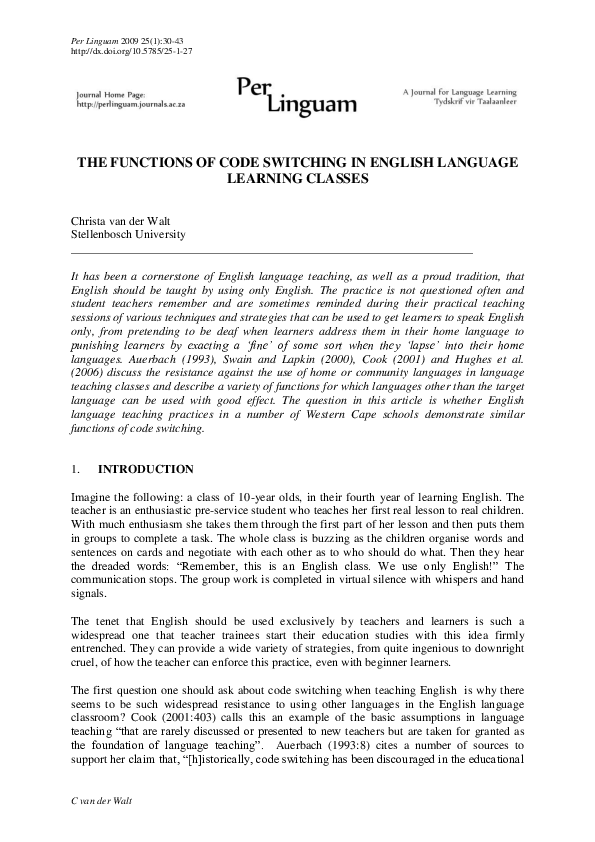(PDF) The functions of code switching in English language learning classes