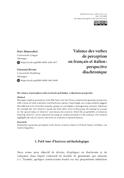 (PDF) Valence des verbes de perception en français et italien ...