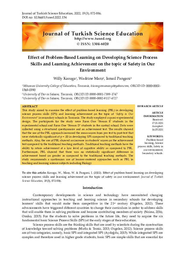 (PDF) Effect of Problem-Based Learning on Developing Science Process Skills and Learning ...