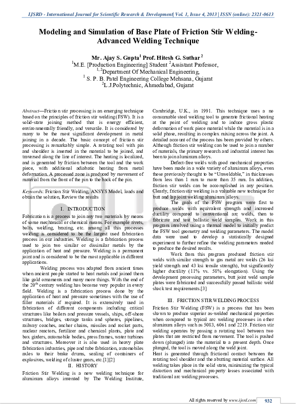 (PDF) Modeling and Simulation of Base Plate of Friction Stir Welding- Advanced Welding Technique