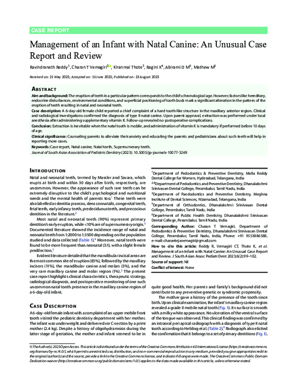 (PDF) Management of an Infant with Natal Canine: An Unusual Case Report ...